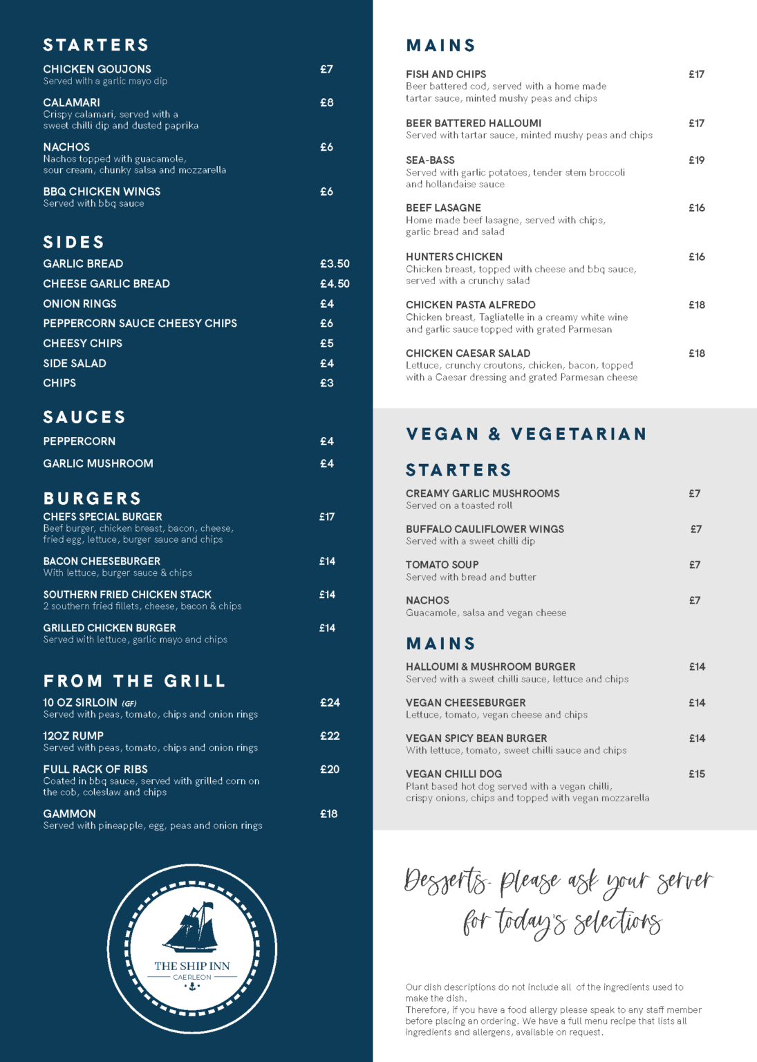 Menu | The Ship Inn Caerleon