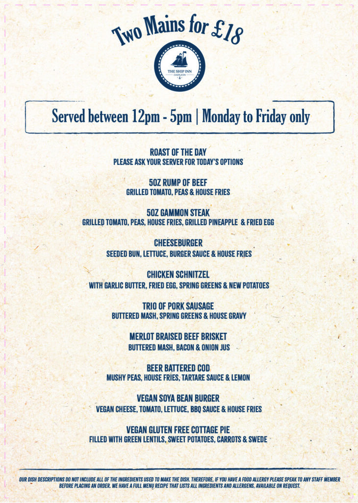 Menu | The Ship Inn Caerleon